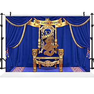5×3ft Royal Little Prince Boy King Baby Shower Backdrop Blue Curtain Gold Crown Theme Party Banner Decorations Ethnic Black Boys Newborn 1st Birthday Cake Table Supplies Portrait Shooting Photo Props