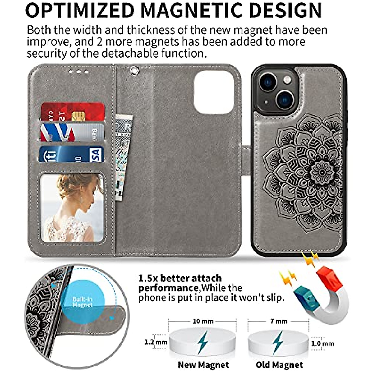 CASEOWL iPhone 13 Wallet Case - Magnetic Detachable 2-in-1 Mandala Embossed Leather with RFID Blocking, Card Holder, Hand Strap (Gray)