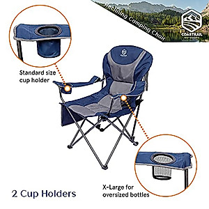 Coastrail Outdoor Reclining Camping Chair 3 Position Folding Lawn Chair for Adults Padded Comfort Camp Chair with Cup Holders, Head Bag and Side Pockets, Supports 350lbs, Blue&Grey