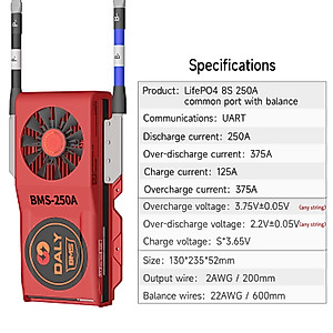 DALY Smart BMS LiFePo4 24V 250A 8S with UART Communictaion Bluetooth BMS for Rated 3.2V Lithium Battery Power Bank Protection,Off Grid Application, Solar System(Smart BMS,250A Fan)