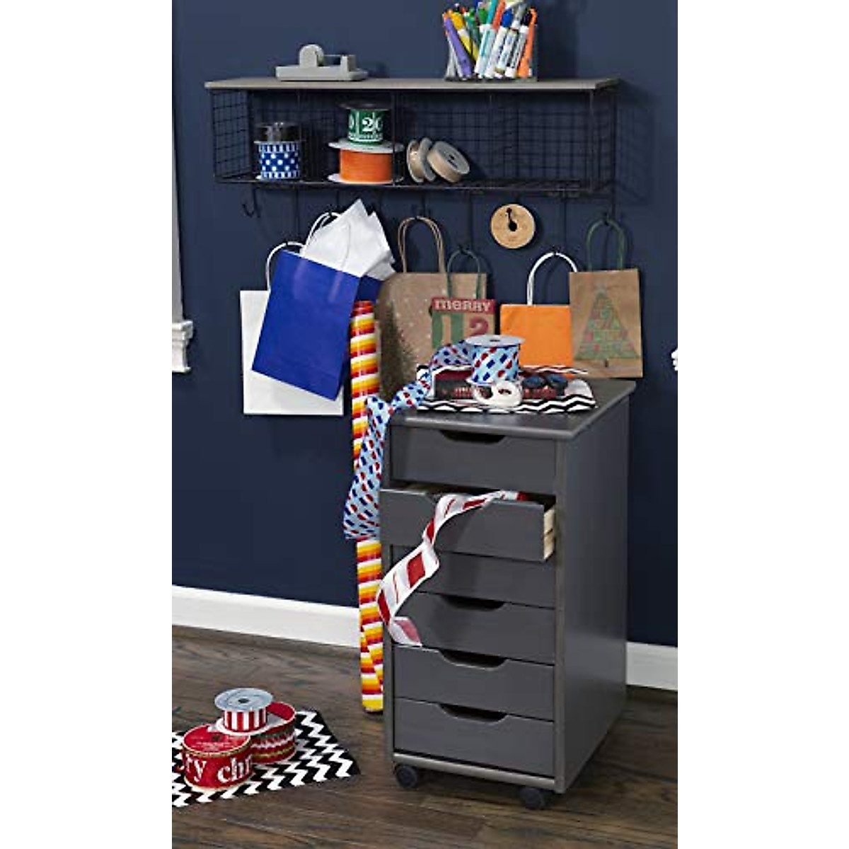 Linon Home Decor Products Corinne Six Drawer Storage, Grey Rolling Cart