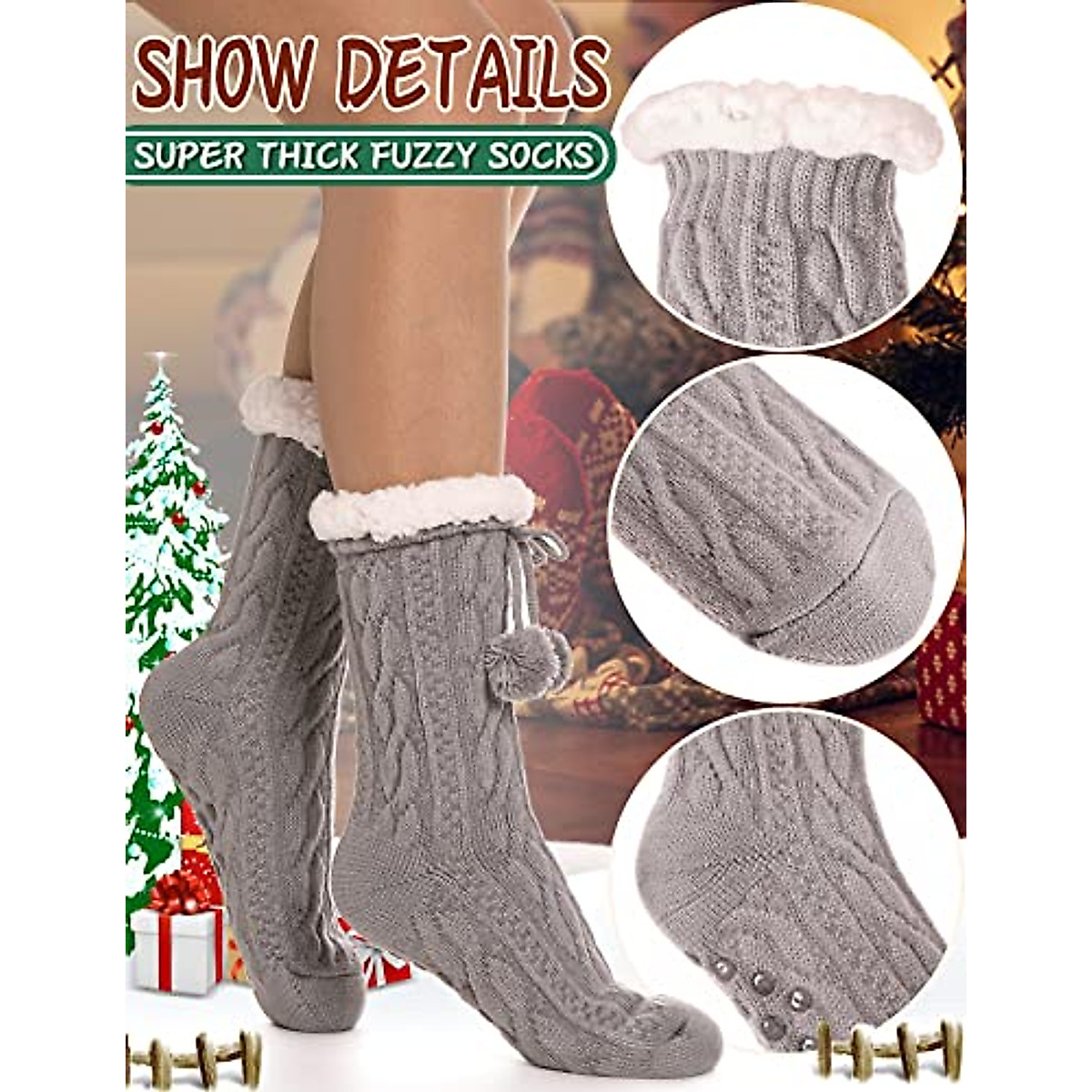 Fuzzy Socks for Women Slipper Fluffy Cozy Cabin Winter Warm Soft Fleece Comfy Thick Christmas Socks Grips Non Slip Stocking Stuffers for Women White Elephant Valentines Mothers Day Gifts for Mom Grey