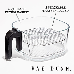 Rae Dunn 1200W 4Qt Air Fryer with GLASS Frying Basket, Dishwasher Safe, 2 Tier Tray, 60 Minute Timer, Digital Touch Display, and 6 Presets - Variable Temperature Control 175F - 400F, Black