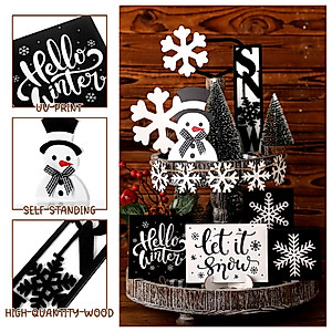 FairySandy 15 Pcs Winter Tiered Tray Decor Set Black and White Snowflake Table Wood Decoration Snowman Wooden Sign Rustic Farmhouse Coffee Bar Signs Winter Tray Decor for Home Xmas Holiday Tabletop