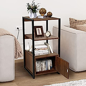 Babion 3-Tier Bookshelf, Industrial Bookshelf and Bookcase with Doors, Standing Storage Cabinet, Bookshelf Display Shelf, Wood and Metal Storage Shelf for Bedroom, Home Office, Entryway, Brown