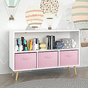 AOPNOMU Kids Bookcase and Bookshelf, Multi Shelf Cubby with 3 Collapsible Fabric Drawers, Children's Book and Toy Display Rack, Toy Storage Organizer for Bedroom, Playroom, Hallway, White + Pink