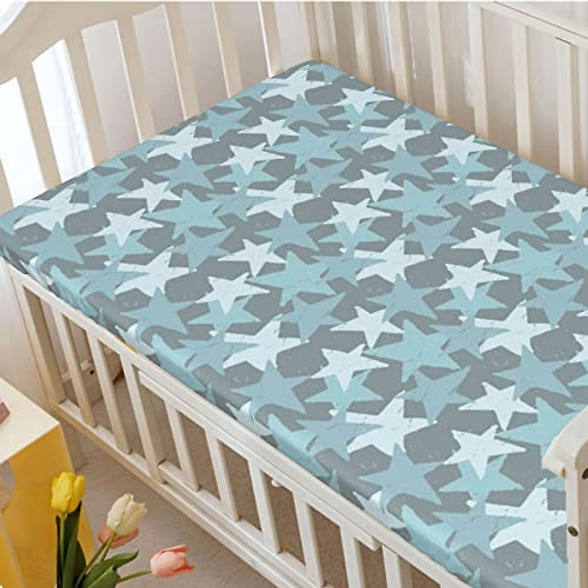 Star Themed Fitted Mini Crib Sheets,Portable Mini Crib Sheets Soft & Stretchy Fitted Crib Sheet-Crib Mattress Sheet or Toddler Bed Sheet,24“ x38“,Seafoam and Baby Blue
