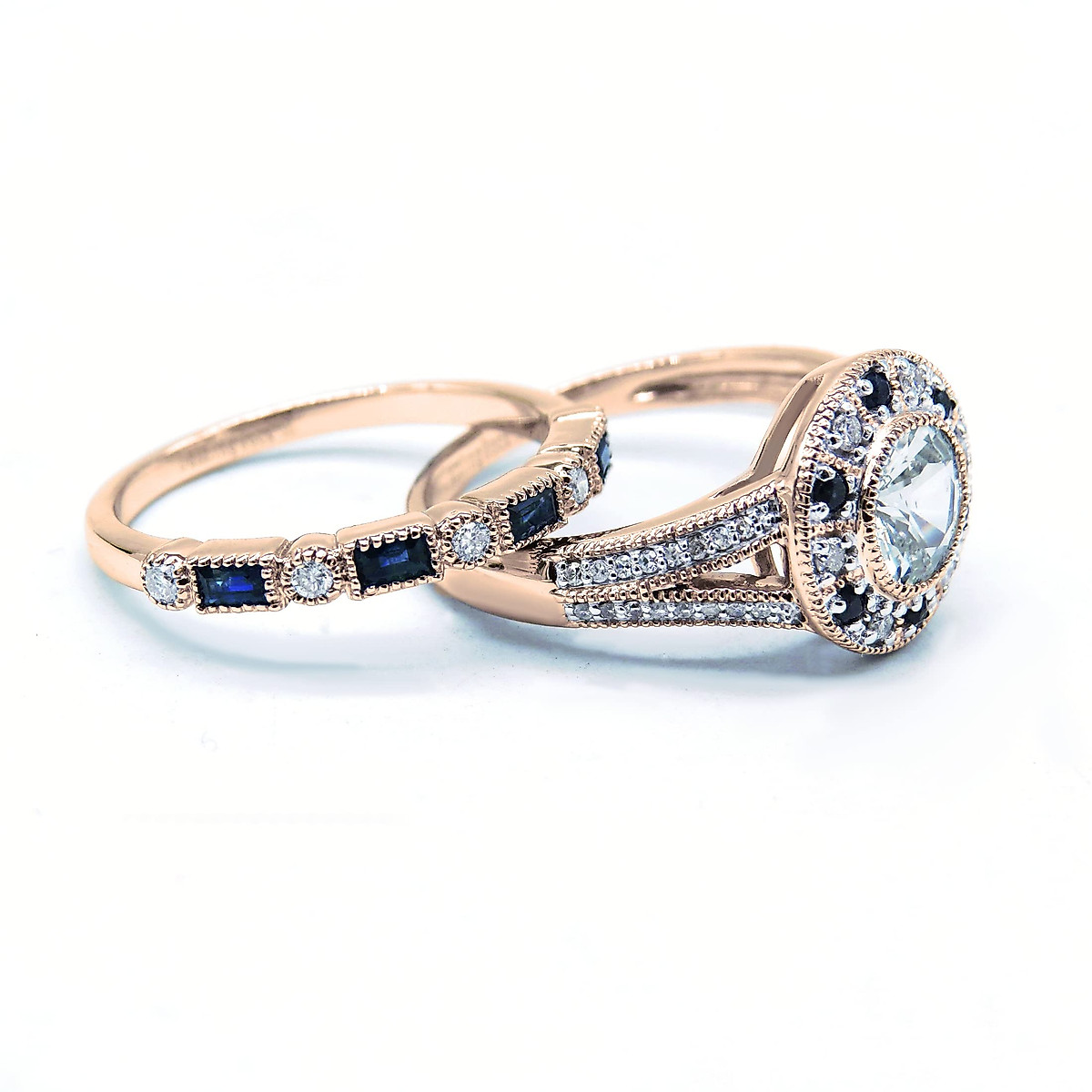 Dazzlingrock Collection 6mm Centre Round Aquamarine with Round White Diamond & Baguette Alternating Blue Sapphire Halo Miligrain Wedding Ring Set for Women in 10K Rose Gold Size 9.5