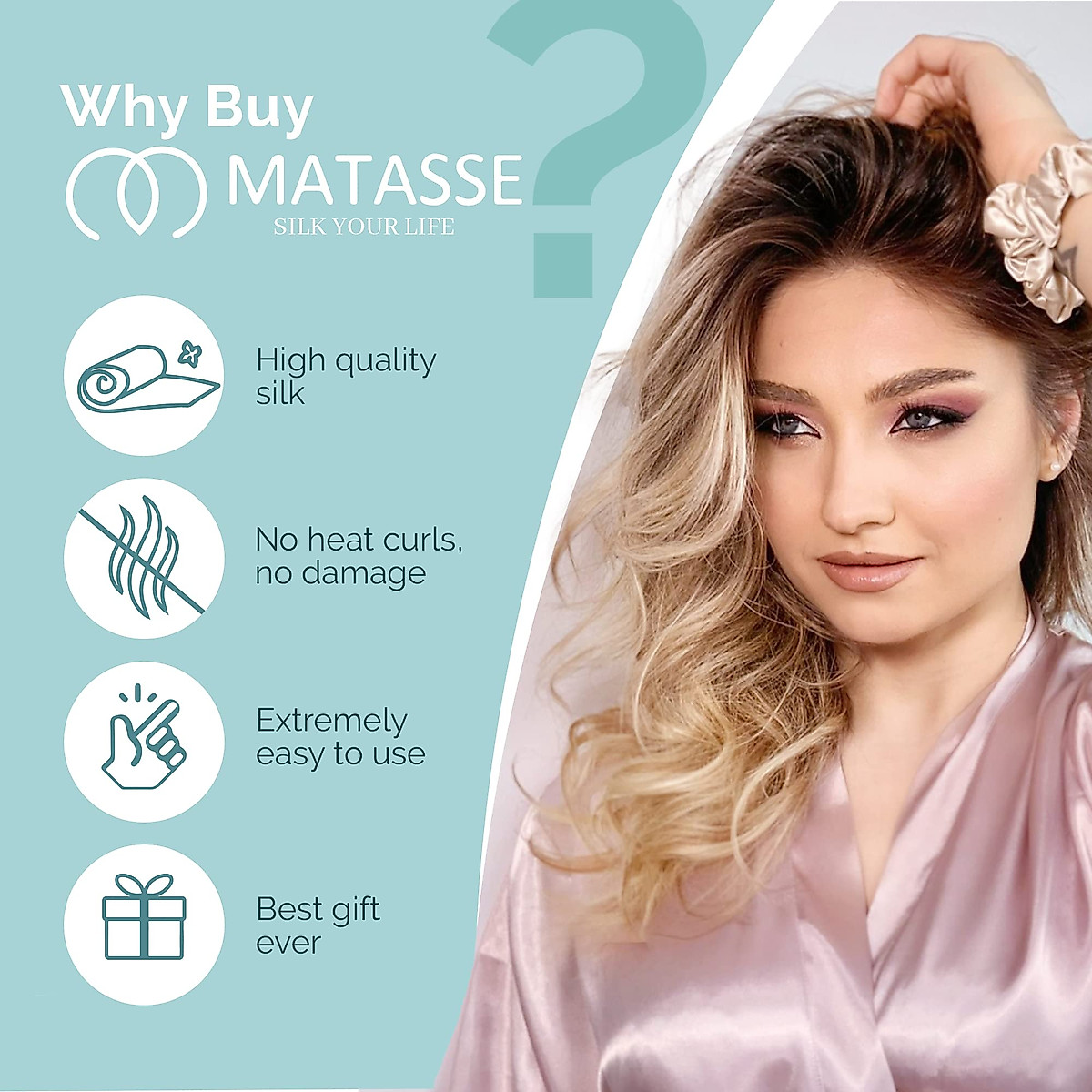MATASSE Overnight Silk Heatless Hair Curler Set - Made of 6A Grade, 22 Momme Mulberry Silk - Effortless Heatless Curling Rod Silk Headband for Cozy, Damage-Free, No Heat, Sleep Curls for Long Hair