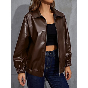 PITINAN Brown Leather Jacket Women Long Sleeve Warm Womens Faux Leather Jacket Motorcycle Jacket Fall Coat 2023 Trendy Leather Jacket for Women Bomber Jacket Brown L