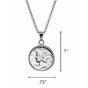 American Coin Treasures Silver Mercury Dime Silvertone Coin Pendant with 18" Cable Chain Necklace, Genuine and Elegant Keepsake Jewelry for Women, White Luxury Gift Box Included