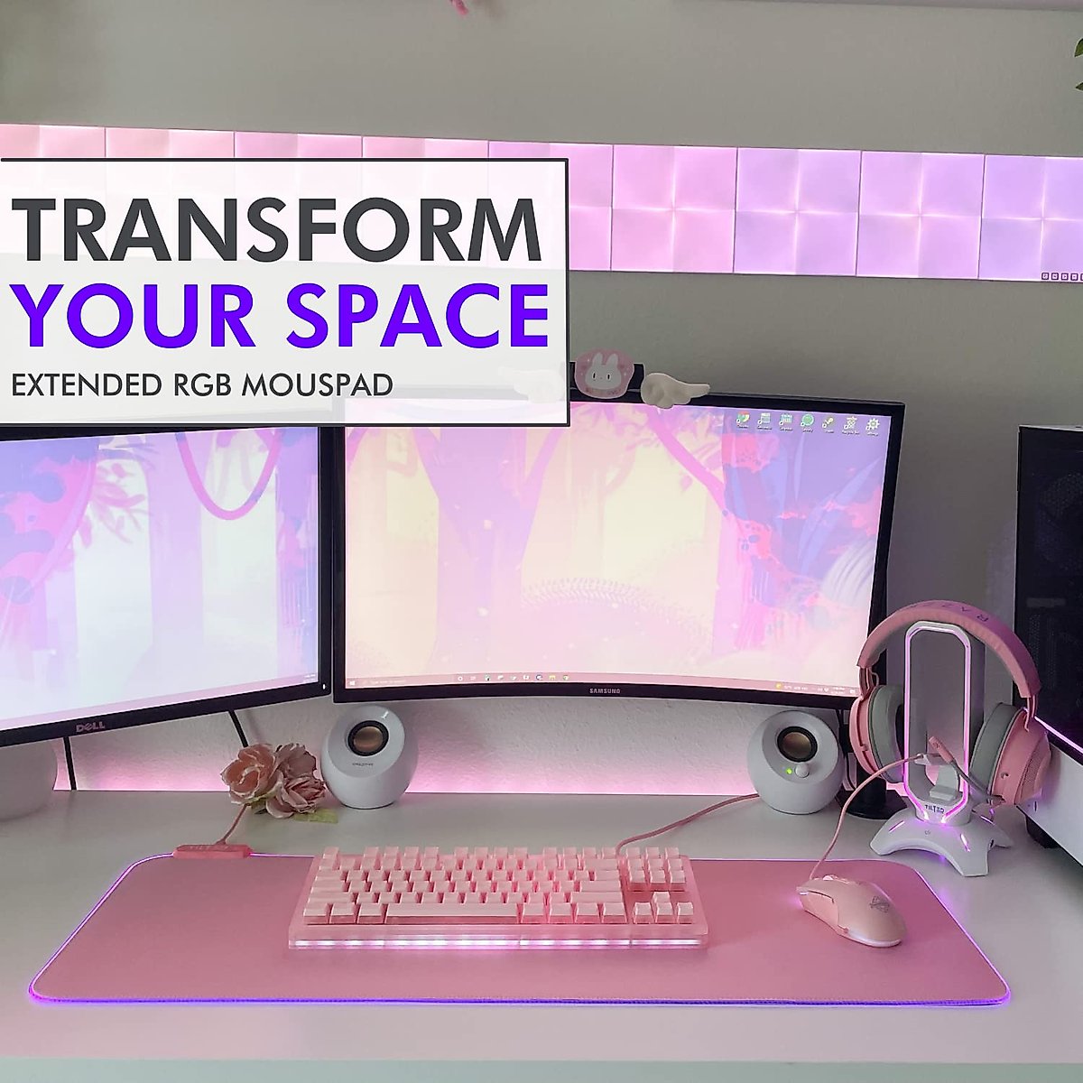 Tilted Nation Pink Gaming Mouse Pad RGB - Create Your Dream Setup - Bright LED Gaming Mousepad Mat XL with 8 Light Modes - Smooth Gliding and Easy to Clean - Large RGB Gaming Mouse Pad Pink for Desk