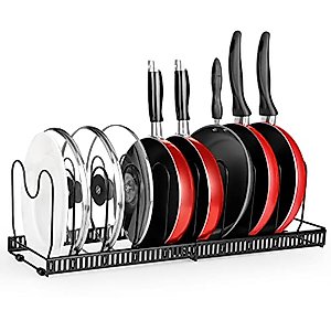 Pots and Pans Organizer,Expandable Pot Rack Organizer for Cabinet, Pot Lid Organizer Holder with 10 Adjustable Compartment Pans Holder for Kitchen Cabinet Cookware Baking Frying Rack Bake Ware Storage
