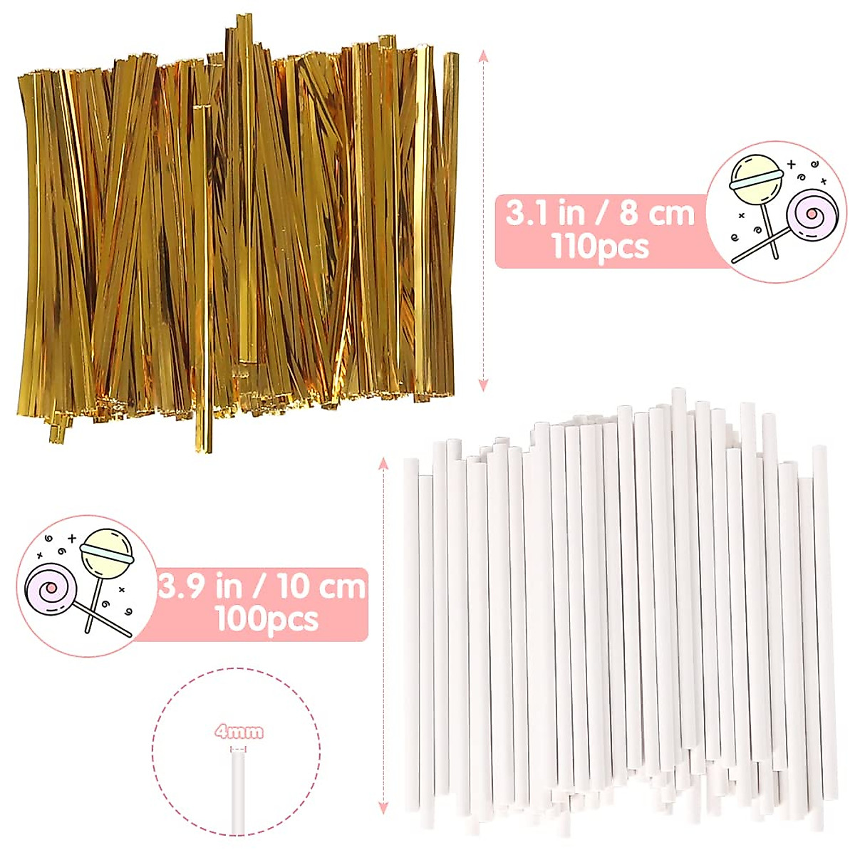 100pcs Small Cake Pop Bags with 100pcs Paper Lollipop Sticks and 110pcs Gold Twist Ties, Clear Cellophane Treat Wrappers and Sucker Sticks Kit
