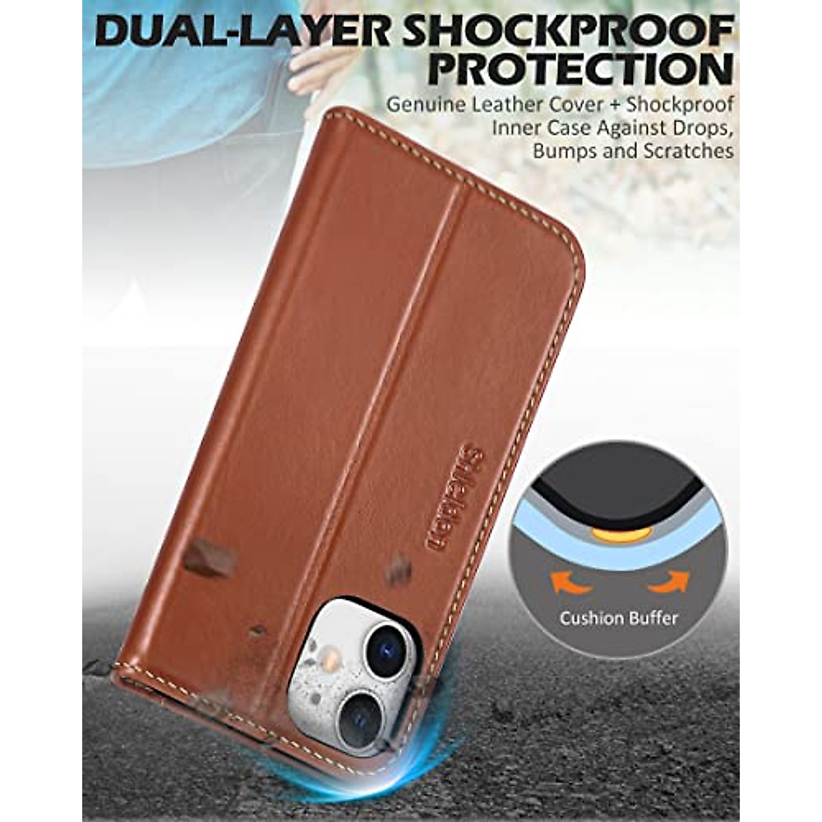 SHIELDON Wallet Case for iPhone 12 5G, Genuine Leather Folio Case Magnetic Shock Absorbing Case RFID Blocking Credit Card Holder Kickstand Compatible with iPhone 12/12 Pro 6.1" - Retro Brown