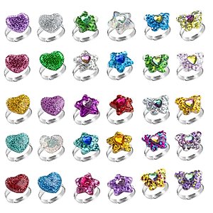 SkyWiseWin Childrens Pretend Play Jewelry Rings 30 PCS Jewelry Adjustable Ring and Festival Dress Up Flash Rhinestone Heart Rings for Kids