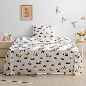 3-Piece Twin Size Kids Bed Sheet Set by Coukouchyi, Soft & Breathable Kids Fitted Sheet, Construction Kids Twin Bed Flat Sheet for Boys Deep Pocket (Twin)