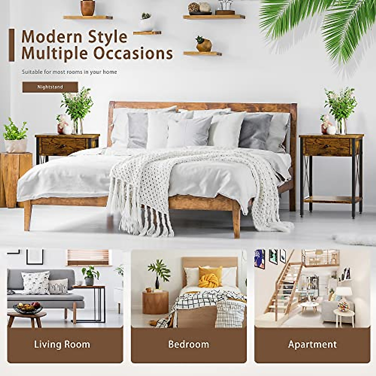 Vongrasig Nightstand with Wooden Drawer and Storage Shelf, Narrow Side Table for Small Spaces with Industrial Steel Frame, Modern Bedside End Tables with Drawer for Bedroom, Living Room, Rustic Brown