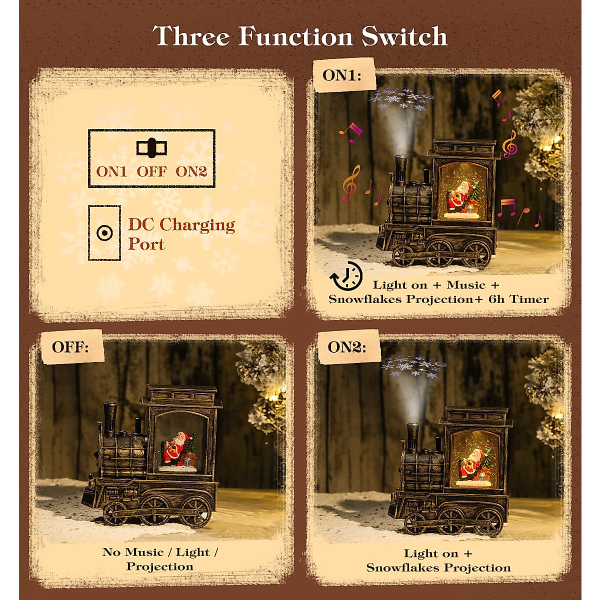 Lewondr Train Snow Globe, USB/Battery Operated Snow Globe with Snowflake Projector Water Swirling Glitter, Christmas Village Snow Globe with 6 Hour Timer, Gift for Girls Girlfriend Women, Bronze Gold