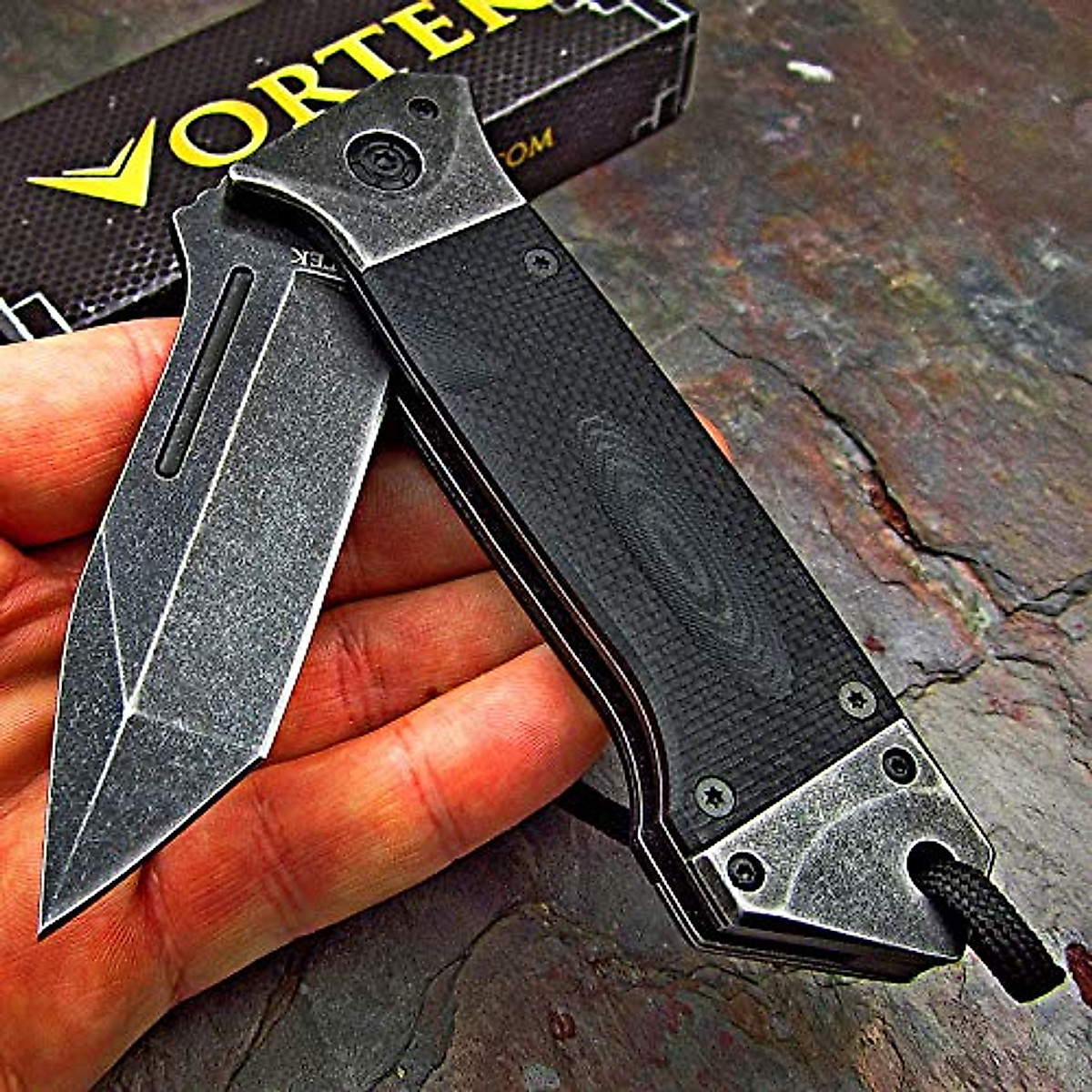 VORTEK Ball Bearing Pivot System Heavy Duty EDC Folding Pocket Knife: 8Cr13MoV Razor Sharp Blade - LMF Style Pommel with Lanyard - Smooth Fast One Hand Opening