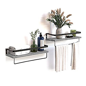 Halter Bathroom Shelf with Towel Bar, Wall Mounted Floating Shelves with Bar and Metal Towel Rod for Bathroom and Kitchen, Wooden Bathroom Shelves, Floating Bar Shelves, Grey