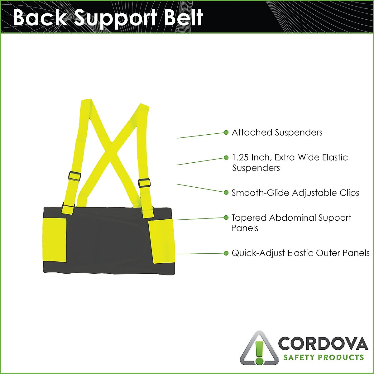 Cordova Back Support Belt with Attached Suspenders, Quick Adjust Elastic Outer Panels