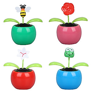 Welecom 4 Solar Dancing Bee Toy Solar Powered Dancing Frog in Colorful Pots Swinging Lily Flip Flap Animated Bobblehead Dancer Window Rose Sun Catcher Car Dashboard Decor Portable Suncatchers