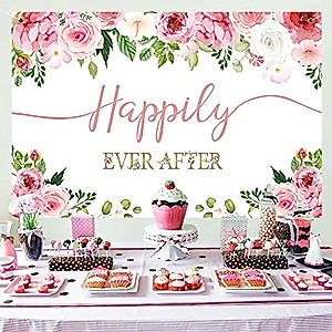 P.G Collin Happily Ever After Floral Banner Backdrop Sign Wedding Bridal Shower Engagement Bachelorette Party Decorations Supplies for Women 6 x 4ft Pink Pink Happily