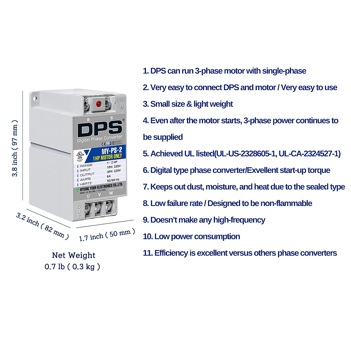 DPS 2HP My-PS-2 Used for 1HP(0.75kW) 3A Motor, Single to 3 Phase Converter, 1 DPS Must Be Used for 1 Motor Only, Input/Output 200-240V, UL Listed