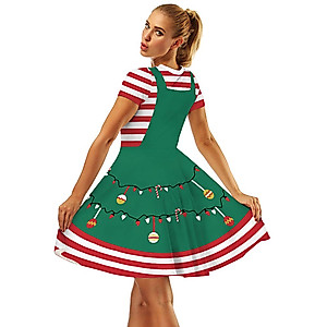 PNKJ Womens Christmas Dresses Short Sleeve Casual A-Line Flared Xmas Party Mini Dress,L/XL,Christmas Lights