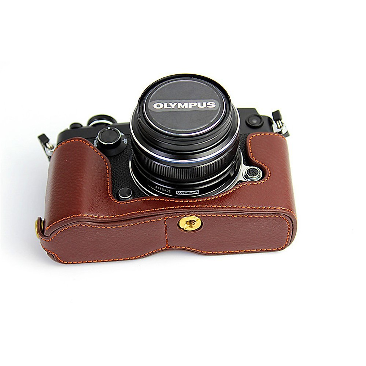 PEN-F Case, BolinUS Handmade Genuine Real Leather Half Camera Case Bag Cover for Olympus PEN-F Bottom Opening Version + Hand Strap - Coffee