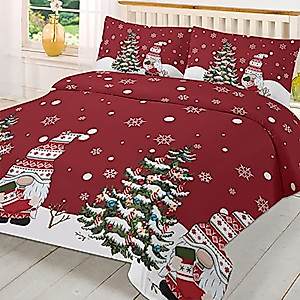Boanket 3 Pieces Bedding Set Full Size, Christmas Tree Soft Durable Duvet Cover Set Comforter Cover Set with Zipper Closure All-Season Breathable Bedding Set Xmas Gnome Winter Snowflake Christmas Red