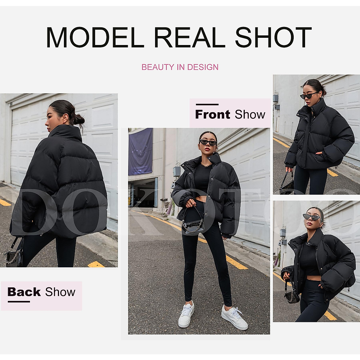 Dokotoo Puffer Jacket Womens Winter Casual Quilted Jackets Fashion Fall Full Zip Up Long Sleeve Drop Shoulder Oversized Stand Collar Padded Coats Baggy Warm Outerwear with Pockets Black X-Large