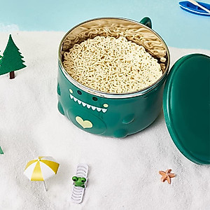 HERCHR Cartoon Stainless Steel Soup Bowl, Cute Cereal Bowl with Lid and Handles Green Japanese Ramen Bowl Soup Bowls with Handles for Soup Cereal Rice