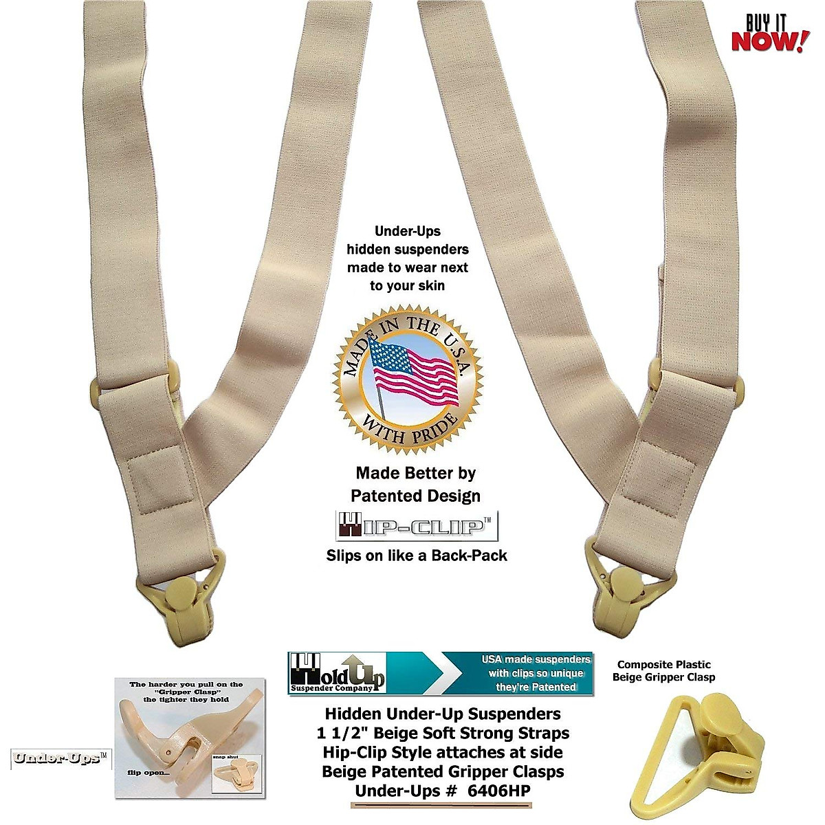 Holdup Tan 1 1/2" Hip-Clip Style Under-Ups Suspenders for Men with the Patented Composite plastic Gripper Clasps