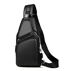Men Leather Sling Bag Purse Waterproof Crossbody Chest Bag Sling Backpack with USB Charging Port One Shoulder Bag Black