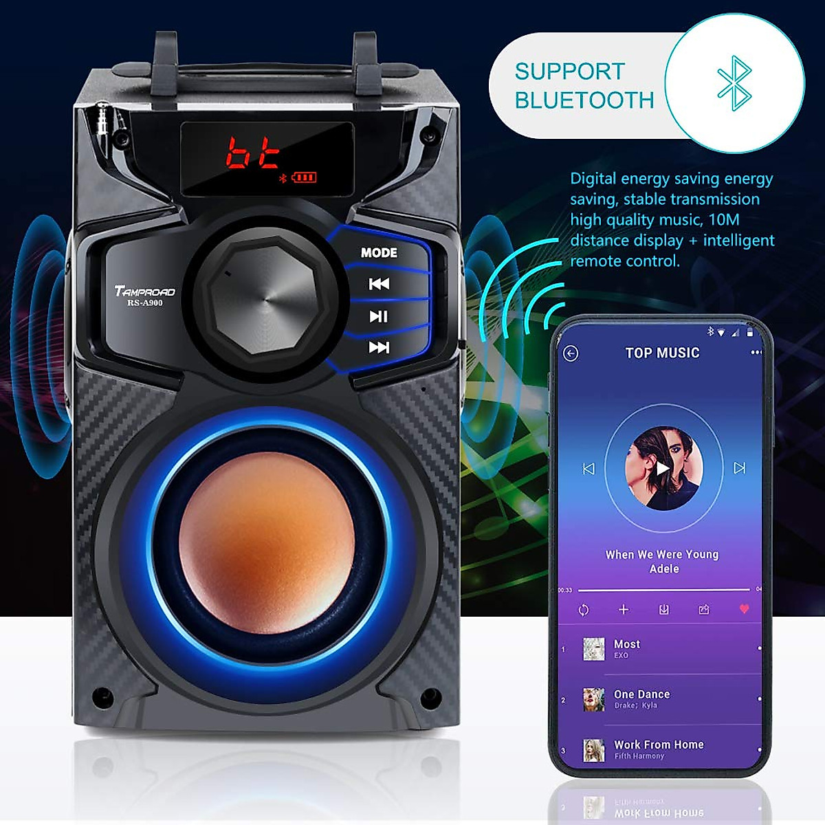 Bluetooth Speakers, Wireless Speaker with Impressive Sound, Rich Bass, Wireless Stereo Pairing, Portable Speaker with Party Light, Support Remote Control FM Radio for Phone Computer PC Home TV