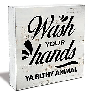 Bathroom Quote Wash Your Hands Filthy Animal Wood Box Sign Rustic Wooden Box Sign Farmhouse Bathroom Restroom Toilet Washroom Desk Shelf Decor (5 X 5 Inch)
