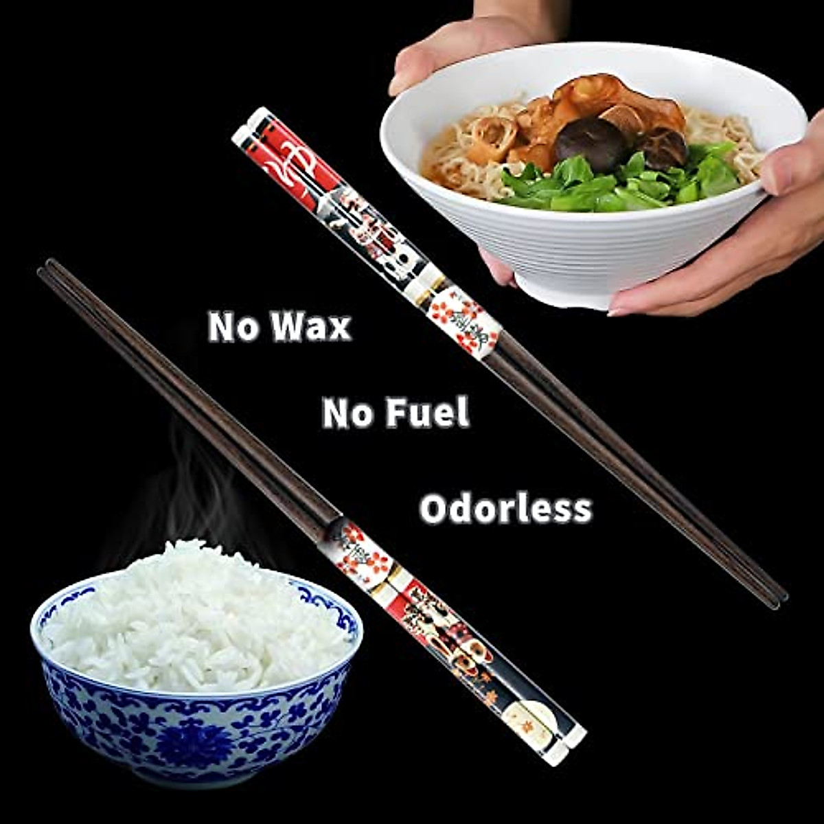 WORCAS 5 Pairs Hardwood Chopsticks Reusable， 9.0Inch/23cm Japanese Style Natural Wood Chop Stick Hand-Carved Chopstick (Anti ceramic pattern)