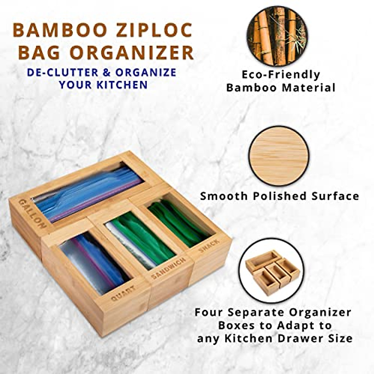 Plastic Bag Organizer and Sandwich Bag Organizer for Drawer Set of 4 – Bamboo Ziplock Bag Organizer - Zip Lock Bag Container and Baggie Organizer for Drawer - Ziplock Bag Storage Organizer by Peraco