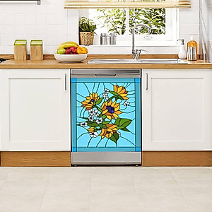 Dishwasher Magnet Cover Flowers and Sunflowers with Buds in Stained Glass Window Magnetic Refrigerator Stickers Decorative Appliance Cover Fridge Panels Metal Door Garage 23x26in