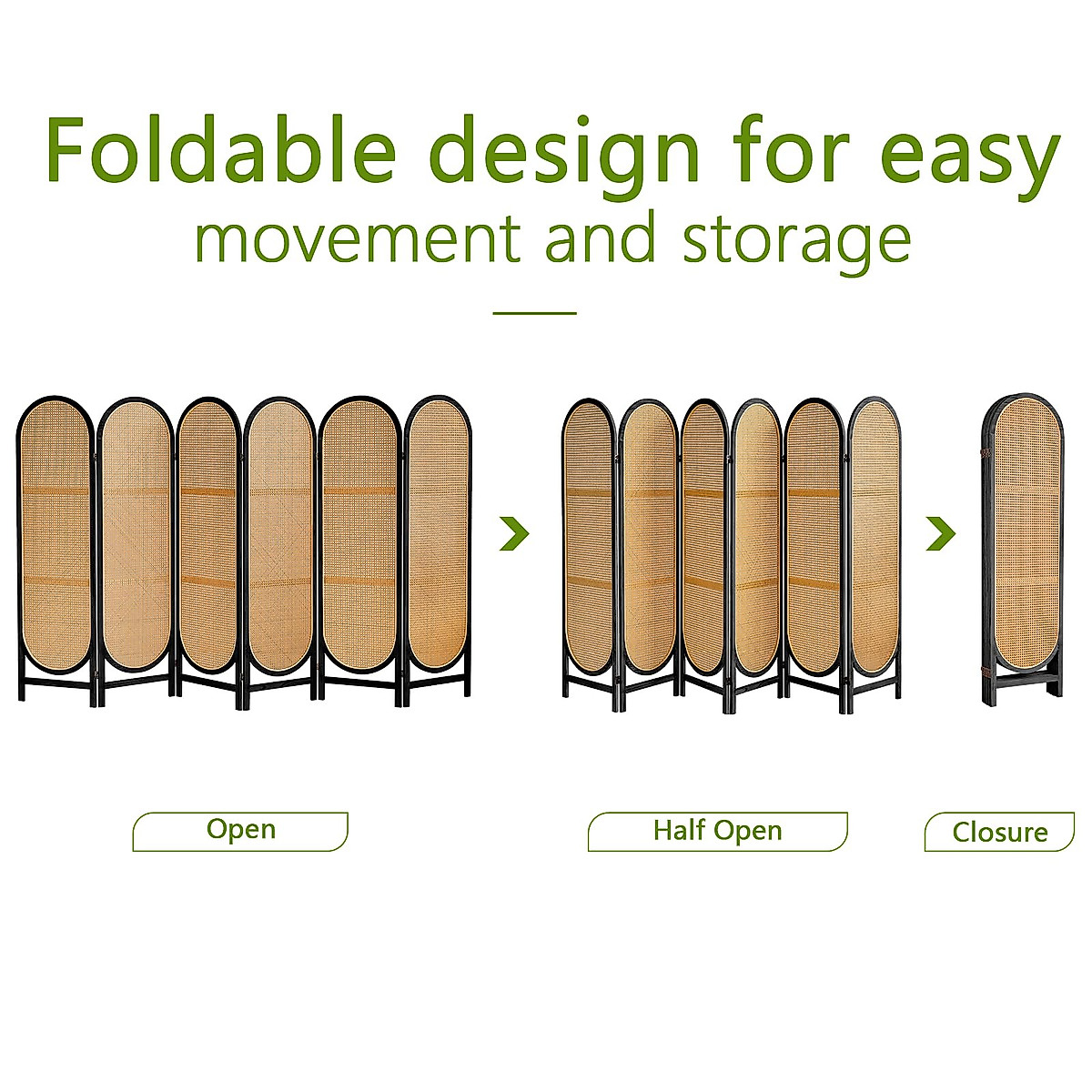 Leesinwing 6 Panels Room Dividers and Folding Privacy Screens, Hand-Woven Rattan Room Divider Wall, Wood Room Divider Freestanding Room Partitions Screen for Home Office Bedroom, Black