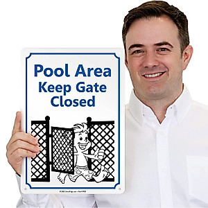 SmartSign 14 x 10 inch “Pool Area - Keep Gate Closed” Metal Sign with Funny Graphic, 40 mil Laminated Rustproof Aluminum, Blue, Black and White, Made in USA