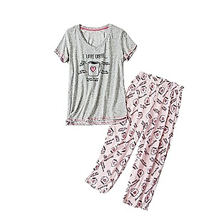 YIJIU Women's Short Sleeve Tops and Capri Pants Cute Cartoon Print Pajama Sets