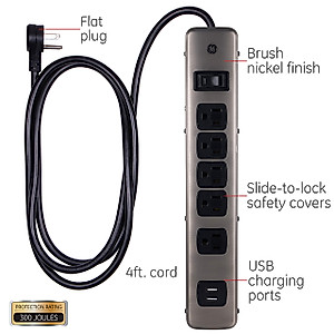 GE 5-Outlet Surge Protector Power Strip, 2 USB Ports, 4 ft Long Extension Cord, Flat Plug, Extra Wide Adapter Spaced Outlet, Slide-to-Close Safety Outlets, 300 Joules, Brushed Nickel, 25428