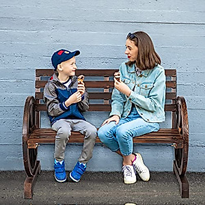 Vagowin Wagon Wheel Bench, Wooden Outdoor Bench 2-Person Seat, Rustic Patio Benches with Backrest for Porch, Garden Brown 19.7inchD x 41.3inchW x 30.3inchH