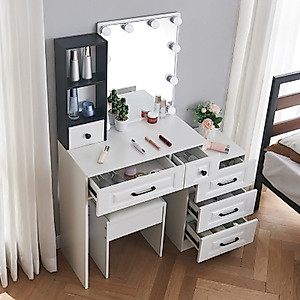 saicheng Vanity Desk with Mirror and Lights-3 Color and Brightness Adjustable, Vanity Set with Drawers and Chair, White Makeup Vanity Table for Girls