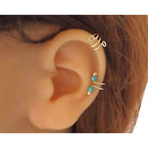 Handmade Silver Wire 2Pcs Adjustable Ear Swirl & Turquoise Ear Cuffs Non-Piercing Earring, 925 Sterling Silver, Fake Cartilage Helix Non-Pierced Ear Wrap Clip on for Women, By Miya Jewelry