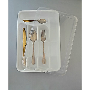 BLACK PEARL Utensil and Silverware Organizer tray for drawer with cover -Cutlery Flatware Organizer with lid - for kitchen drawer, BBQ, picnic, Covered flatware tray,5 Compartments - Plastic (WHITE)