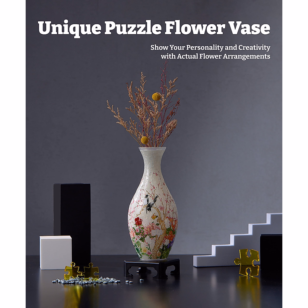 Pintoo 3D Puzzle Vase Unique Flower Vase Made by 160 Curved Plastic Puzzle Pieces House Warming Gift for Flower Arrangements and Home Decoration - [S1035] (Translucent, Flowers and Birds)
